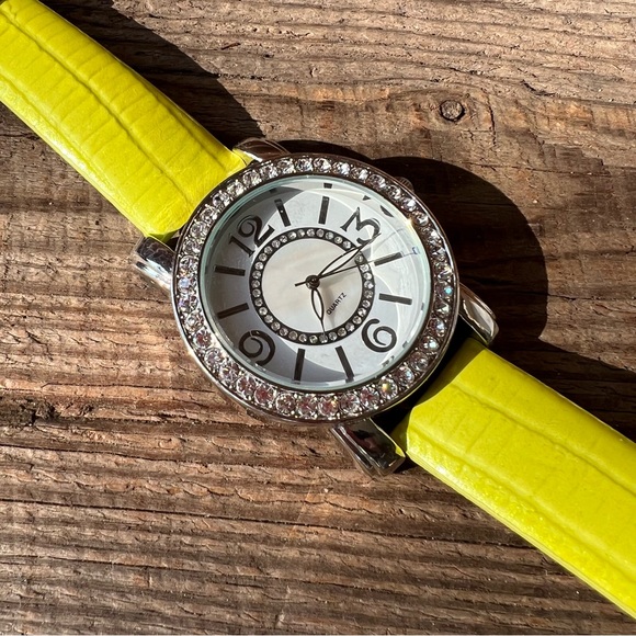 Chico's | Jewelry | Chicos Leather Yellow And Silver Crystal Studded ...